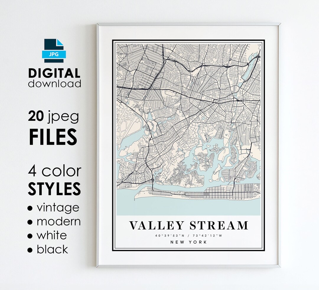 Valley Stream NY Map Art Print: Modern, Vintage, Black, White (digital ...