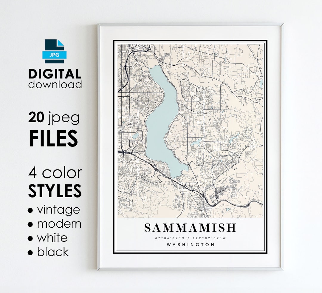Sammamish WA Map Art Print: Modern, Vintage, Black, White (digital ...