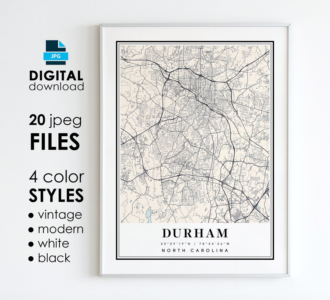 DURHAM NC Map - Printable Digital Art - Durham North Carolina City ...