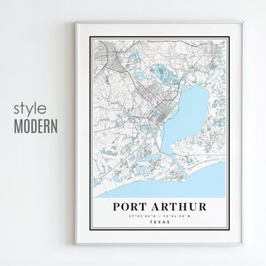 Port Arthur Texas Map Art Print: Modern, Vintage, Black, White (digital ...