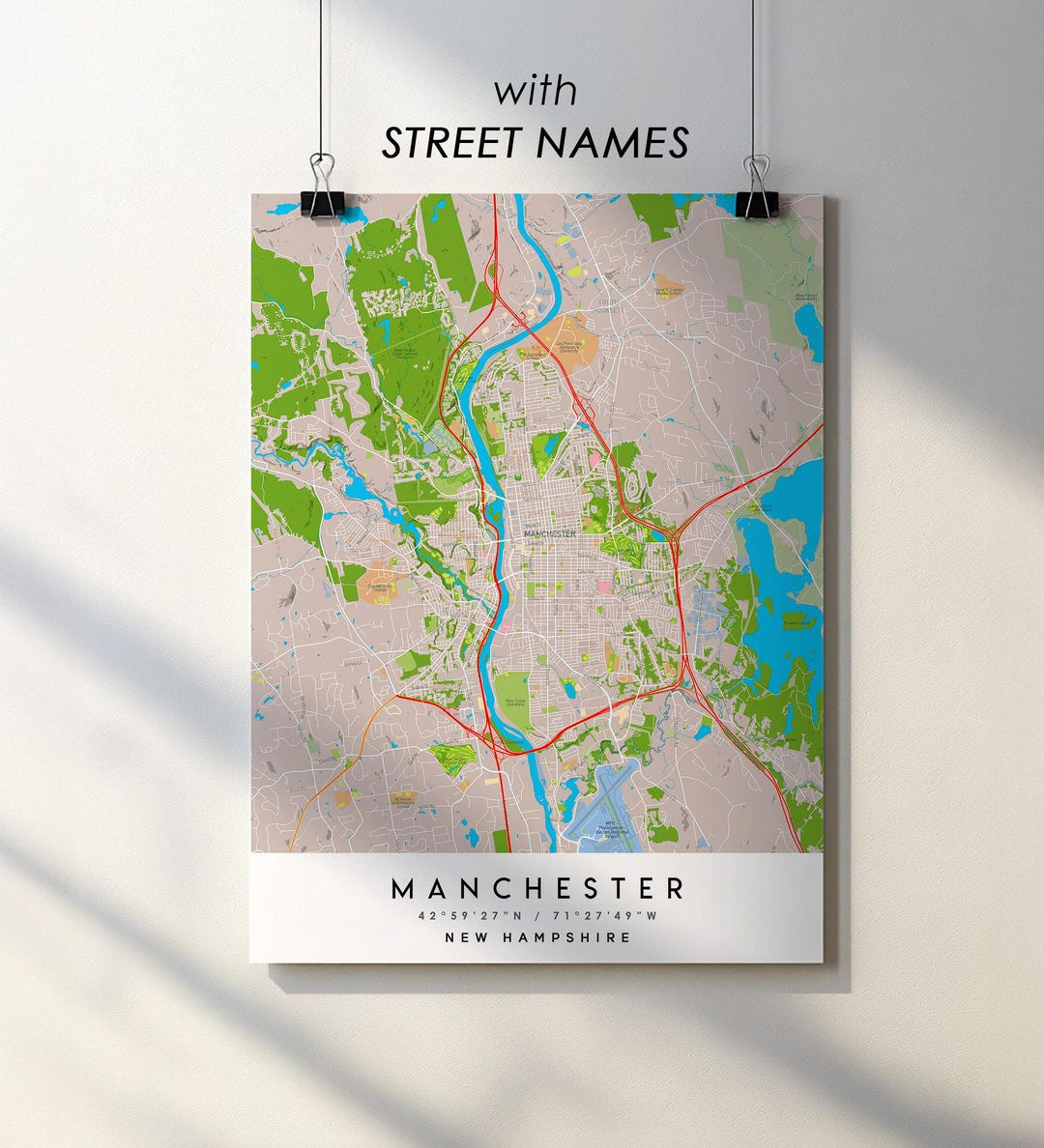 Manchester NH City Map Art Print: Detailed Street Layout (digital ...