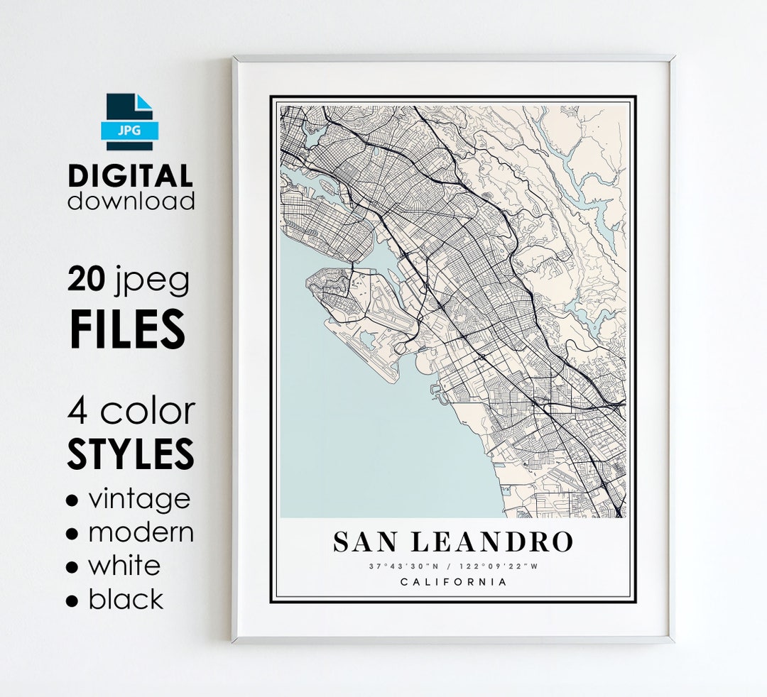 SAN LEANDRO CA Map Printable Digital Art San Leandro California City ...