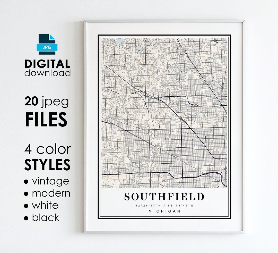 SOUTHFIELD MI Map Printable Digital Art Southfield Michigan City Poster ...