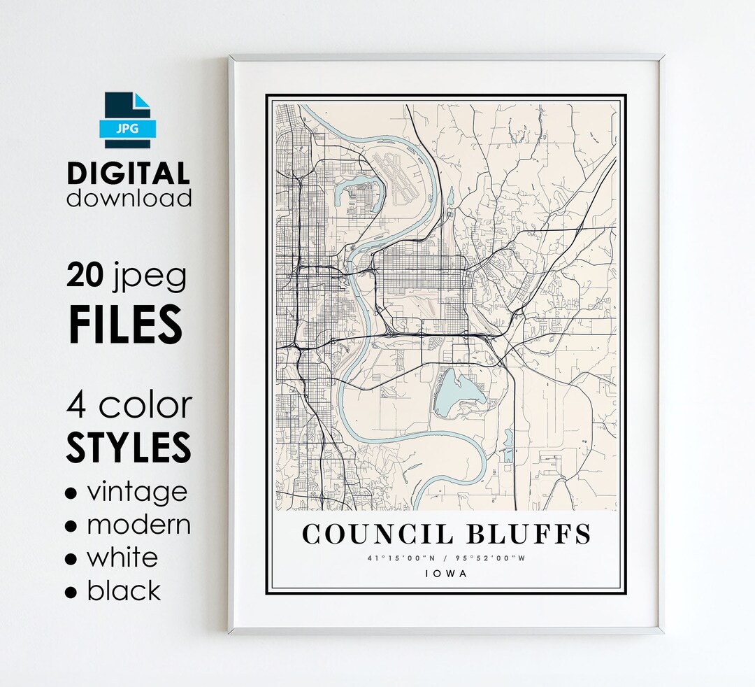 COUNCIL BLUFFS IA Map - Printable Digital Art - Council Bluffs Iowa ...