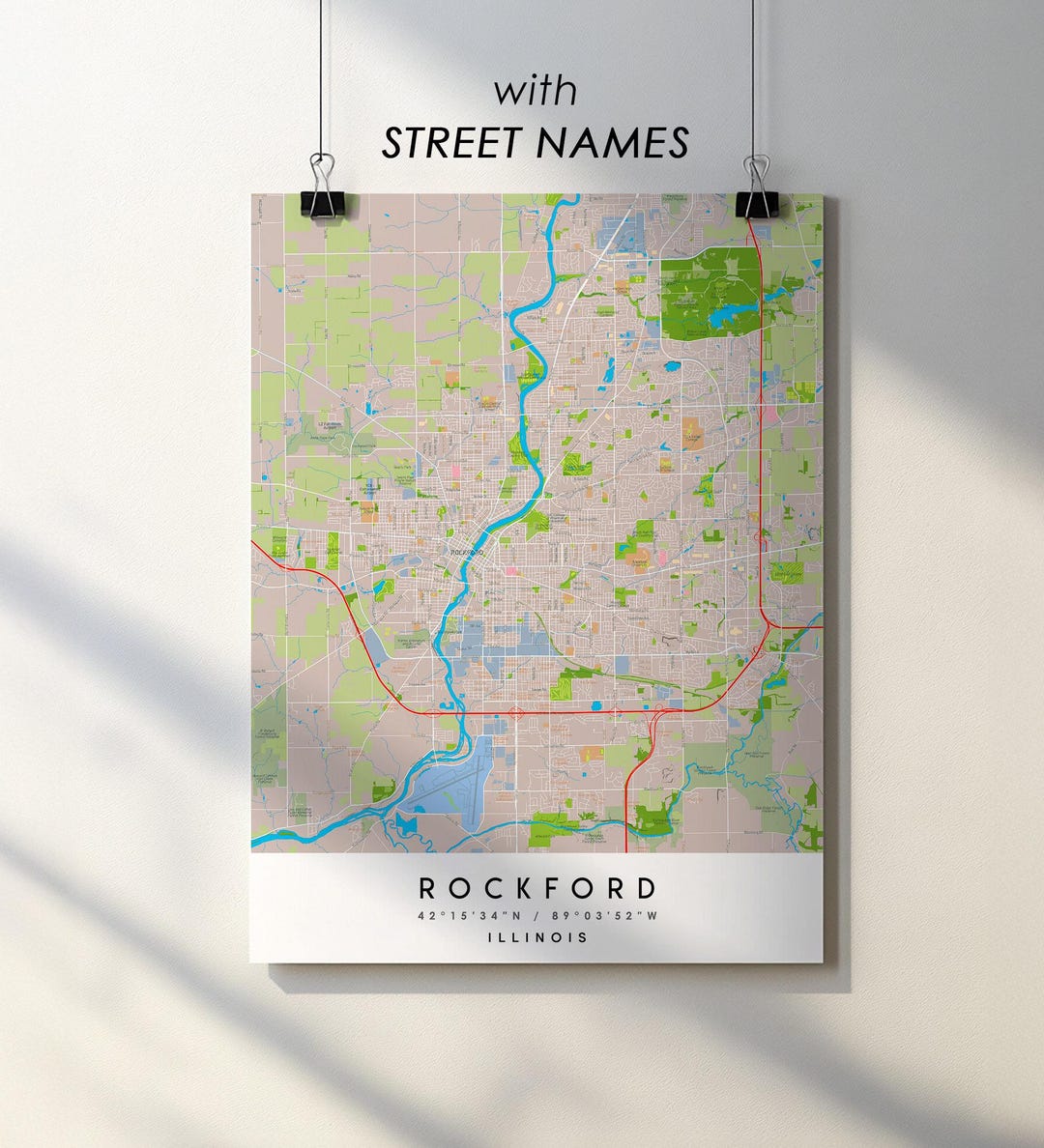 Rockford Illinois City Map Print With Street Names (digital Download ...