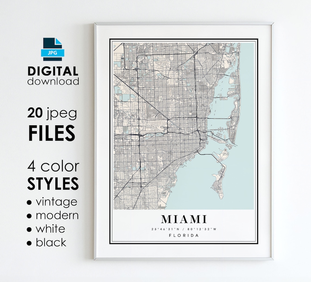 MIAMI FL Map Printable Digital Art Miami Florida City Poster Map ...