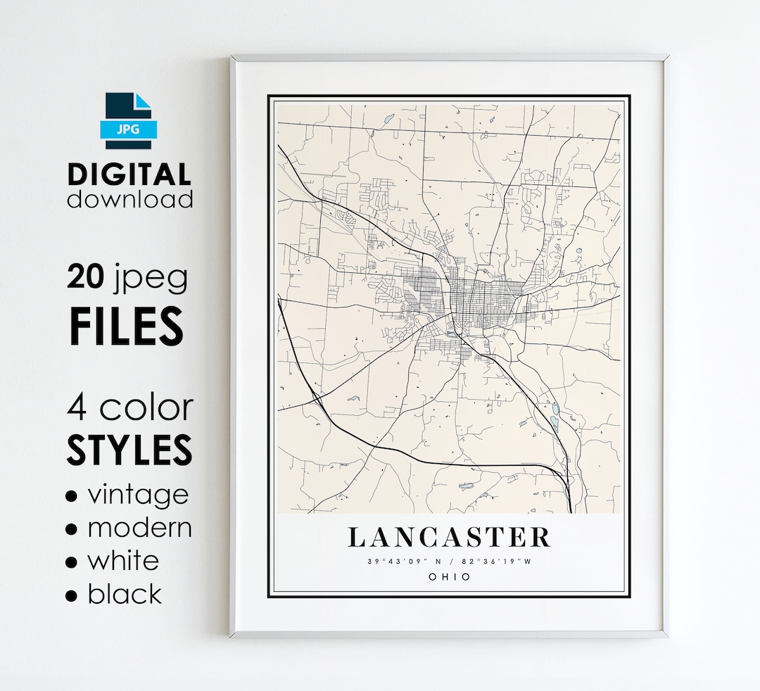 Lancaster Ohio Map Art Print: Modern, Vintage, Black, White (digital ...