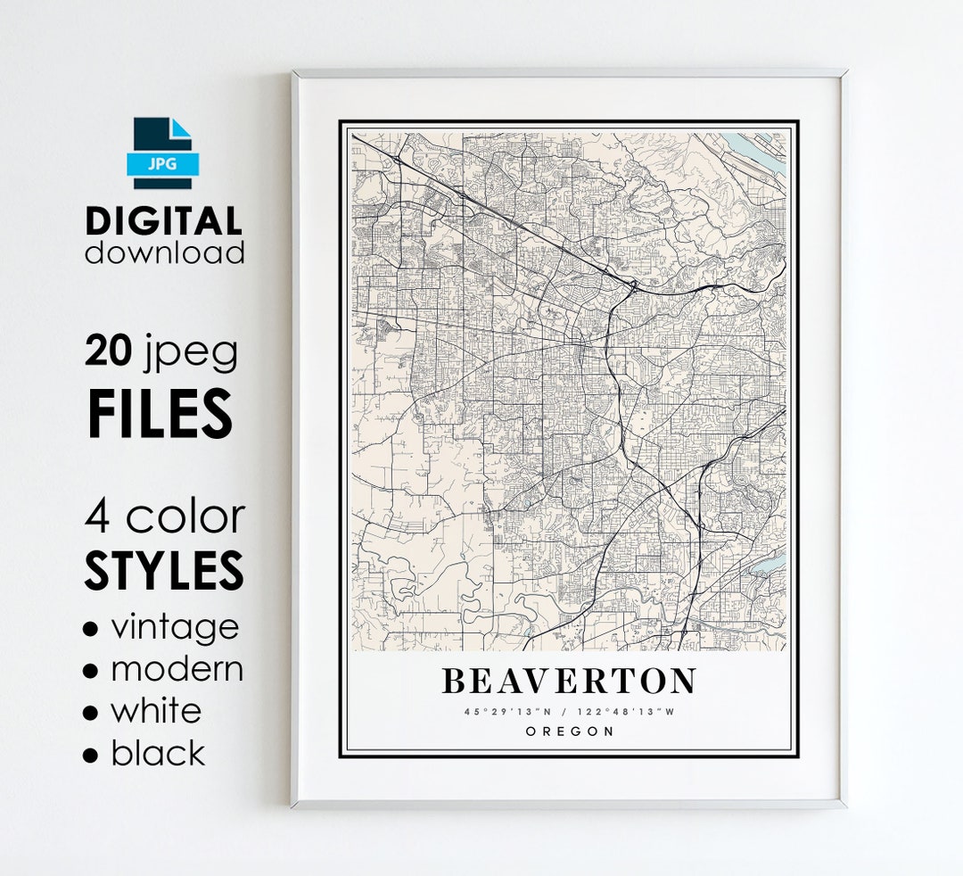 BEAVERTON OR Map - Printable Digital Art - Beaverton Oregon City Poster ...