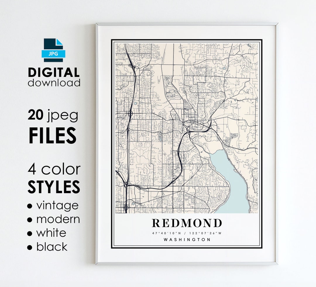 REDMOND WA Map - Printable Digital Art - Redmond Washington City Poster ...