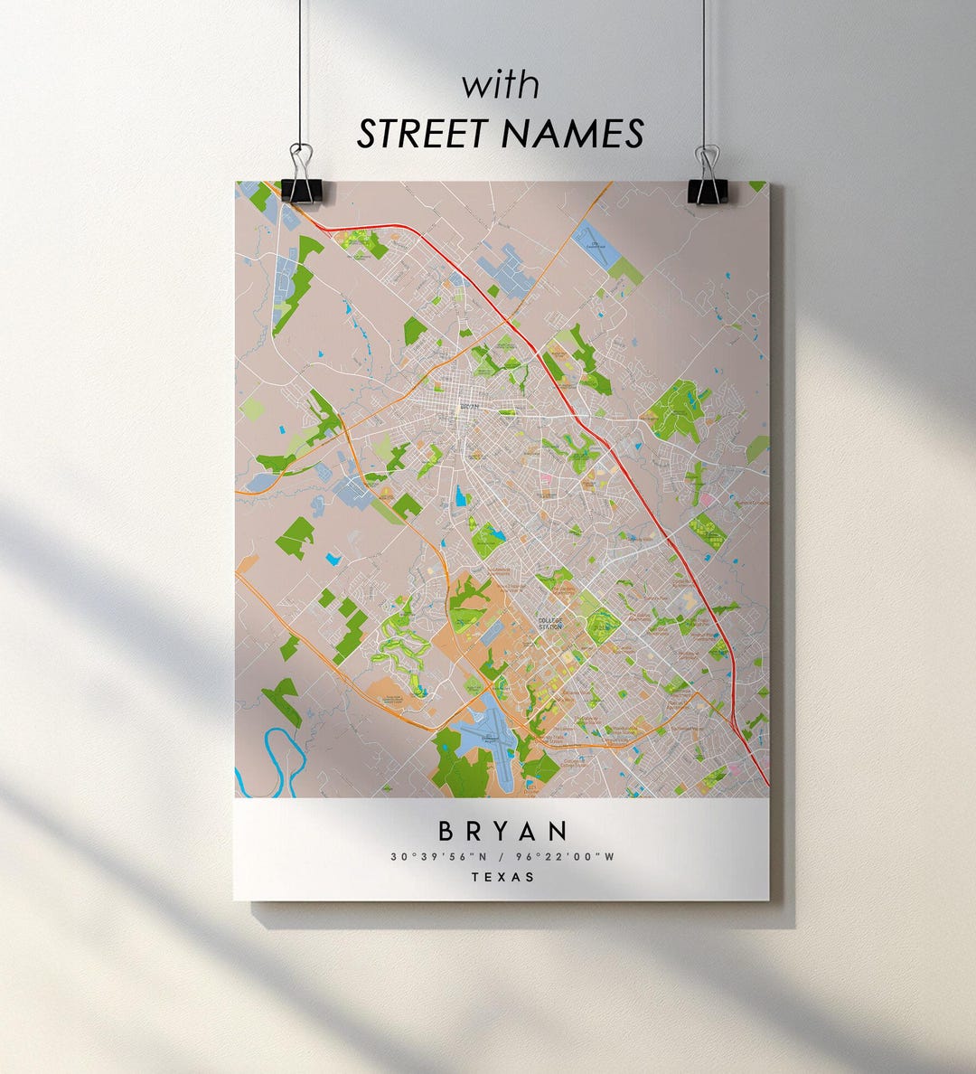 Bryan TX City Map Print: Detailed Street Map Poster (digital Download ...