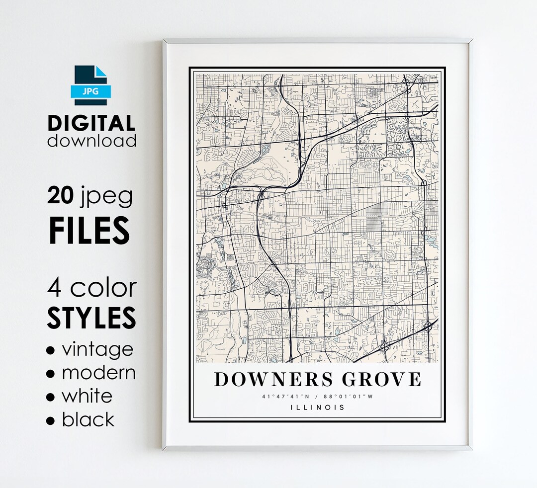 Downers Grove IL Map Art Print: Modern, Vintage, Black, White (digital ...