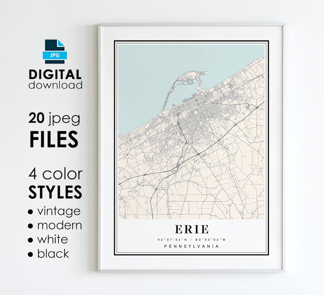 ERIE PA Map Printable Digital Art Erie Pennsylvania City Poster Map ...