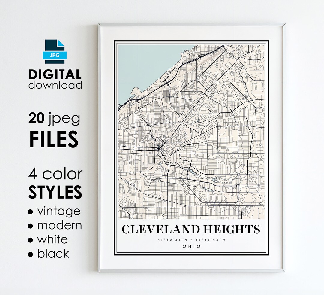 Cleveland Heights Ohio Map Art Print: Modern, Vintage, Black, White ...
