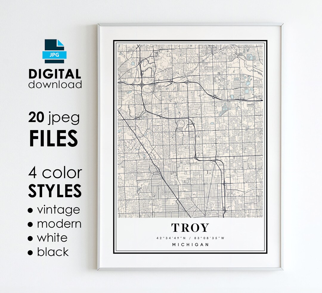 TROY MI Mapa Arte digital imprimible Mapa de carteles de la ciudad de ...