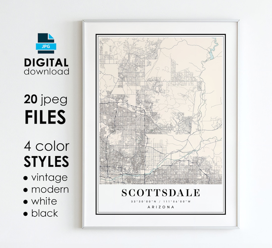 Scottsdale Arizona Map Art Print: Modern, Vintage, Black, White ...