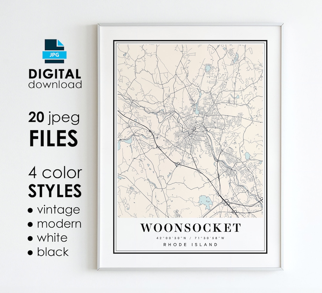 Woonsocket RI Map Art Print: Modern, Vintage, Black, White (digital ...
