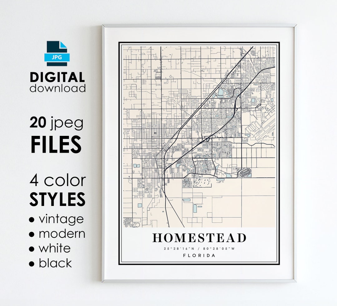 HOMESTEAD FL Map - Printable Digital Art - Homestead Florida City ...