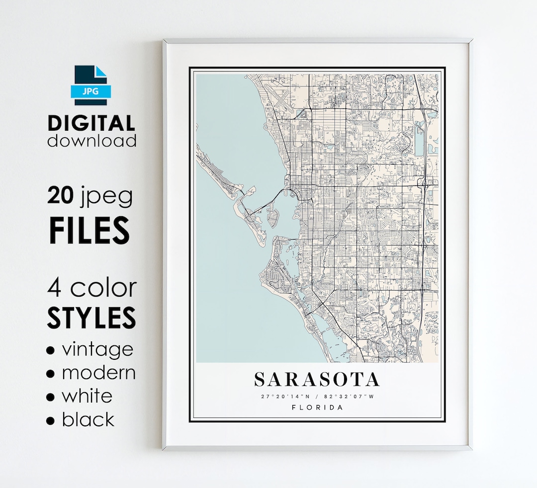 SARASOTA FL Map Printable Digital Art Sarasota Florida City Poster Map ...