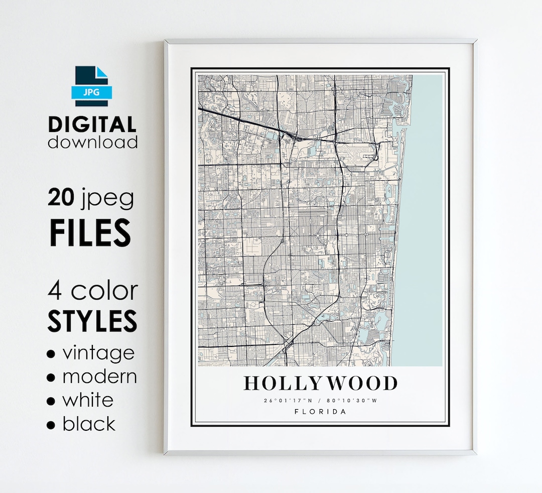 HOLLYWOOD FL Map - Printable Digital Art - Hollywood Florida City ...