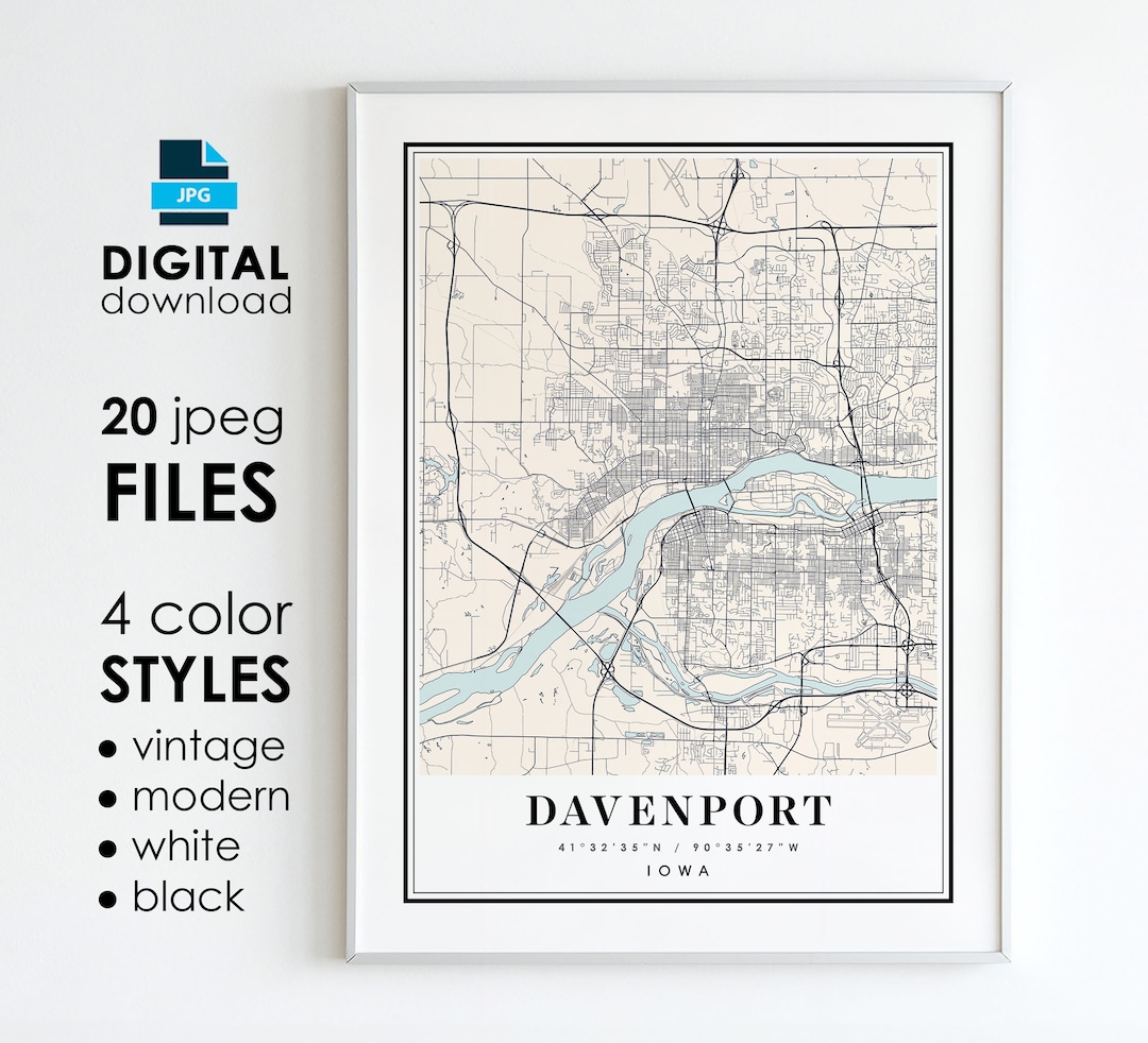 DAVENPORT IA Map - Printable Digital Art - Davenport Iowa City Poster ...