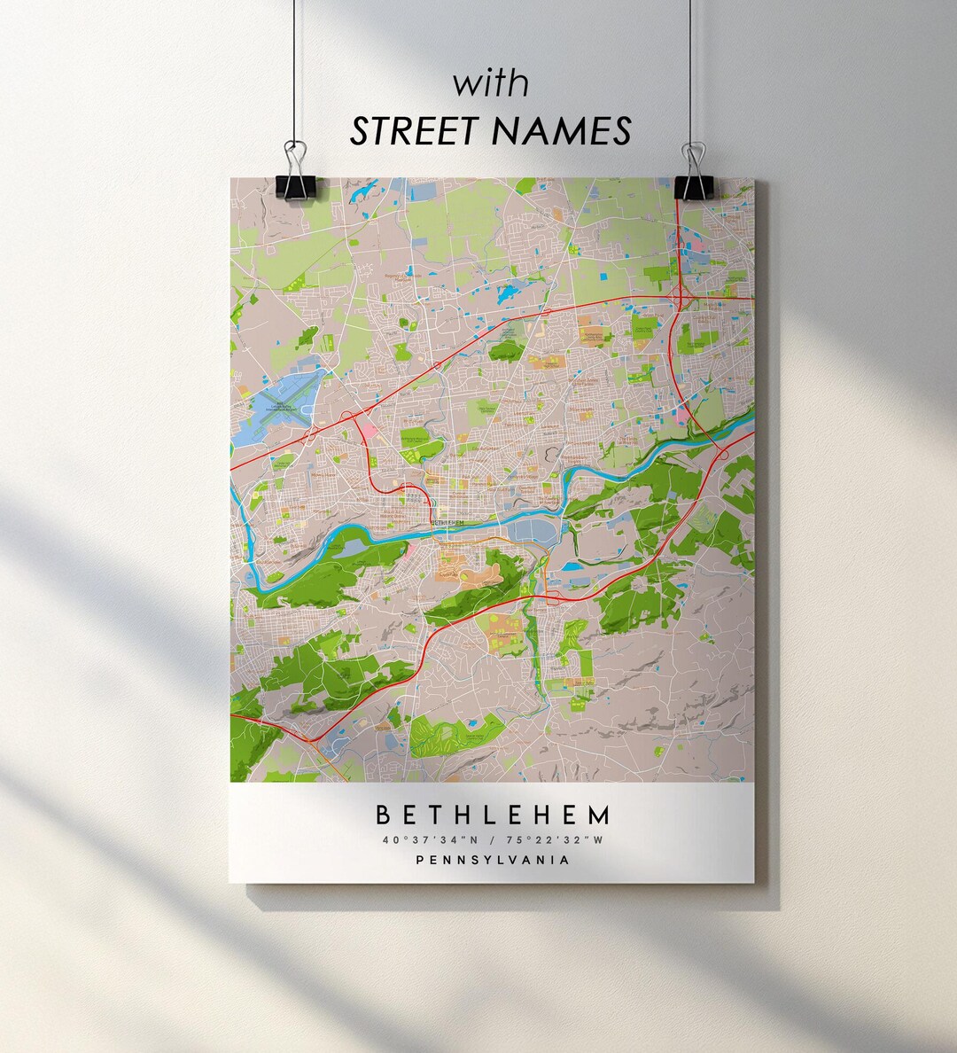 Bethlehem PA City Map Print: Street Names, Accurate Layout (digital ...