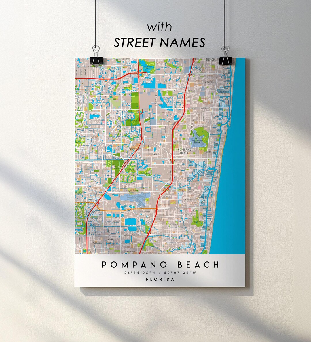 Pompano Beach FL City Map Art Print With Street Names (digital Download ...