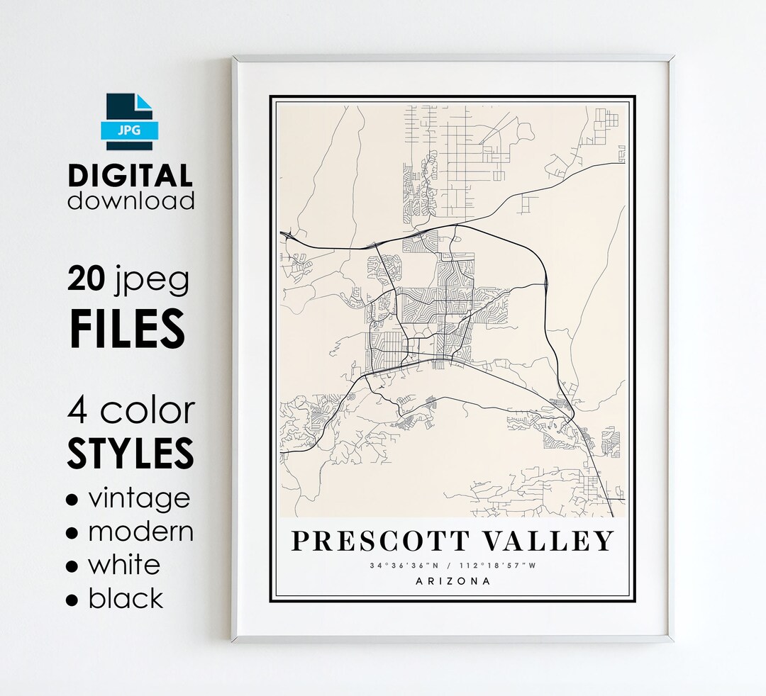 Prescott Valley Arizona Map Art Print: Modern, Vintage Styles (digital ...