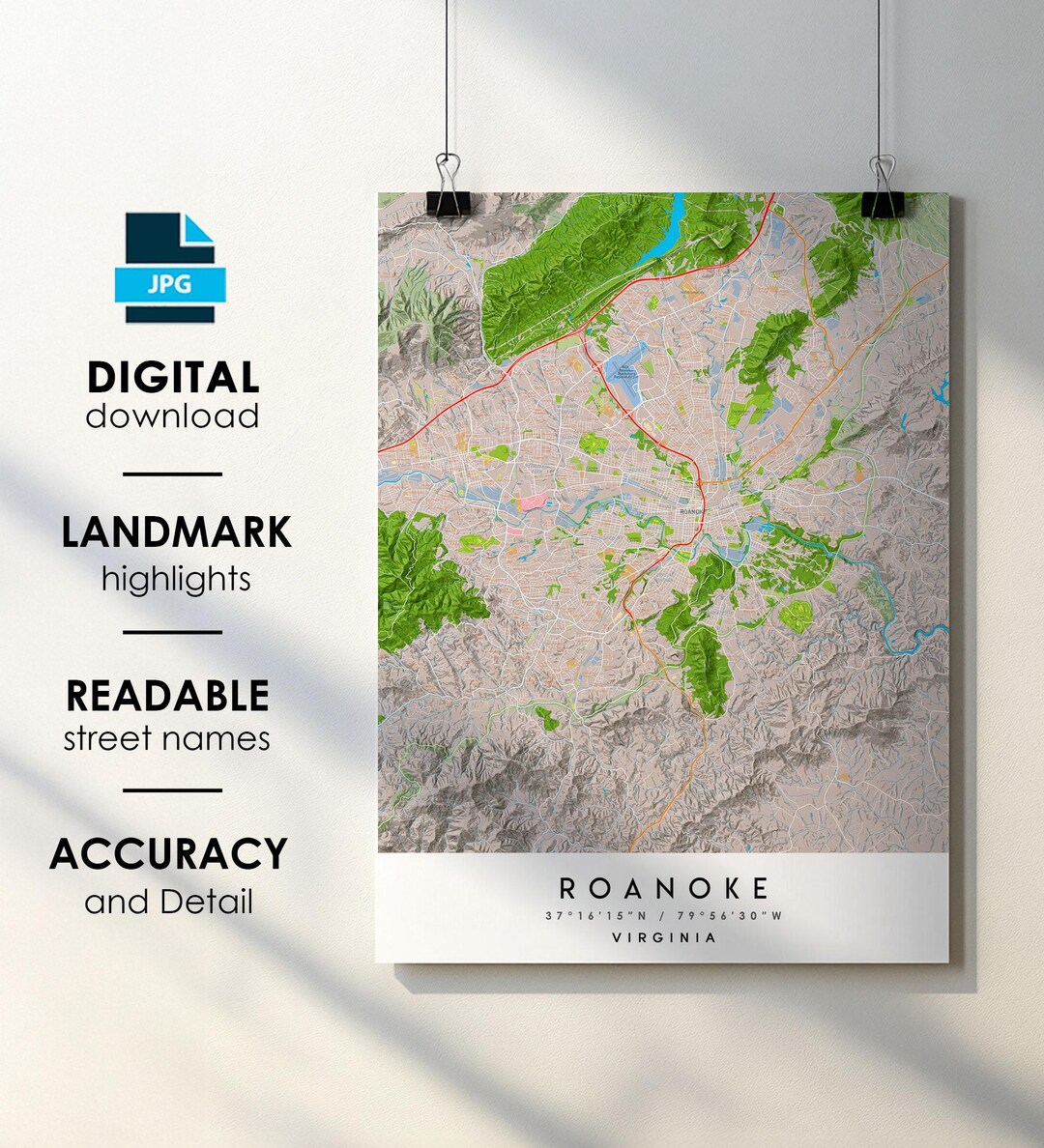 Roanoke VA City Map Print Poster With Street Name Instant Digital ...