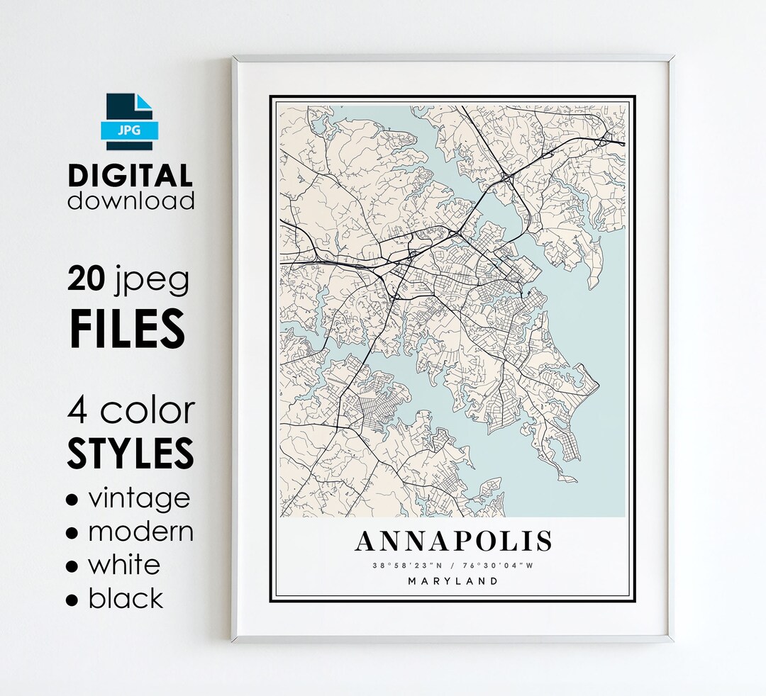 Annapolis Maryland Map Art Print: Modern, Vintage Styles (digital ...