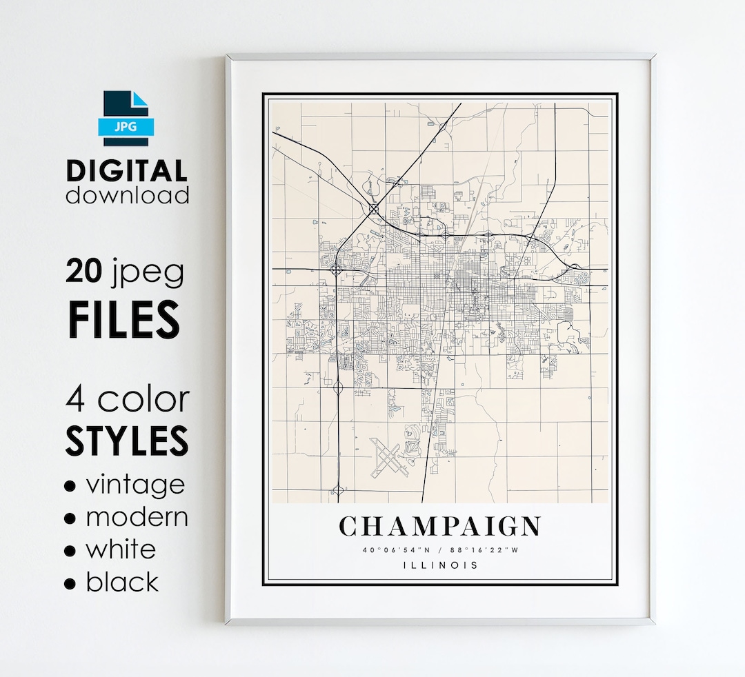 CHAMPAIGN IL Map Printable Digital Art Champaign Illinois City Poster ...