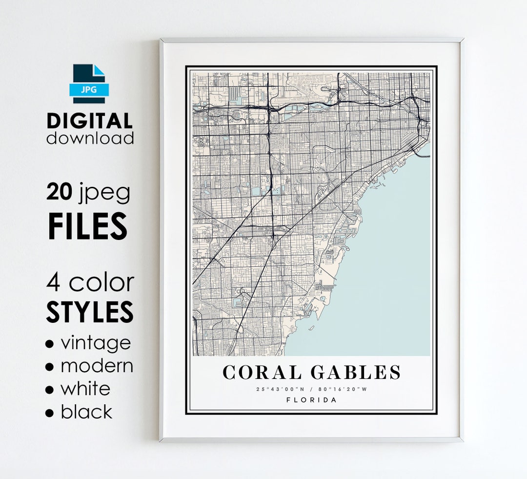 CORAL GABLES FL Map - Printable Digital Art - Coral Gables Florida City ...