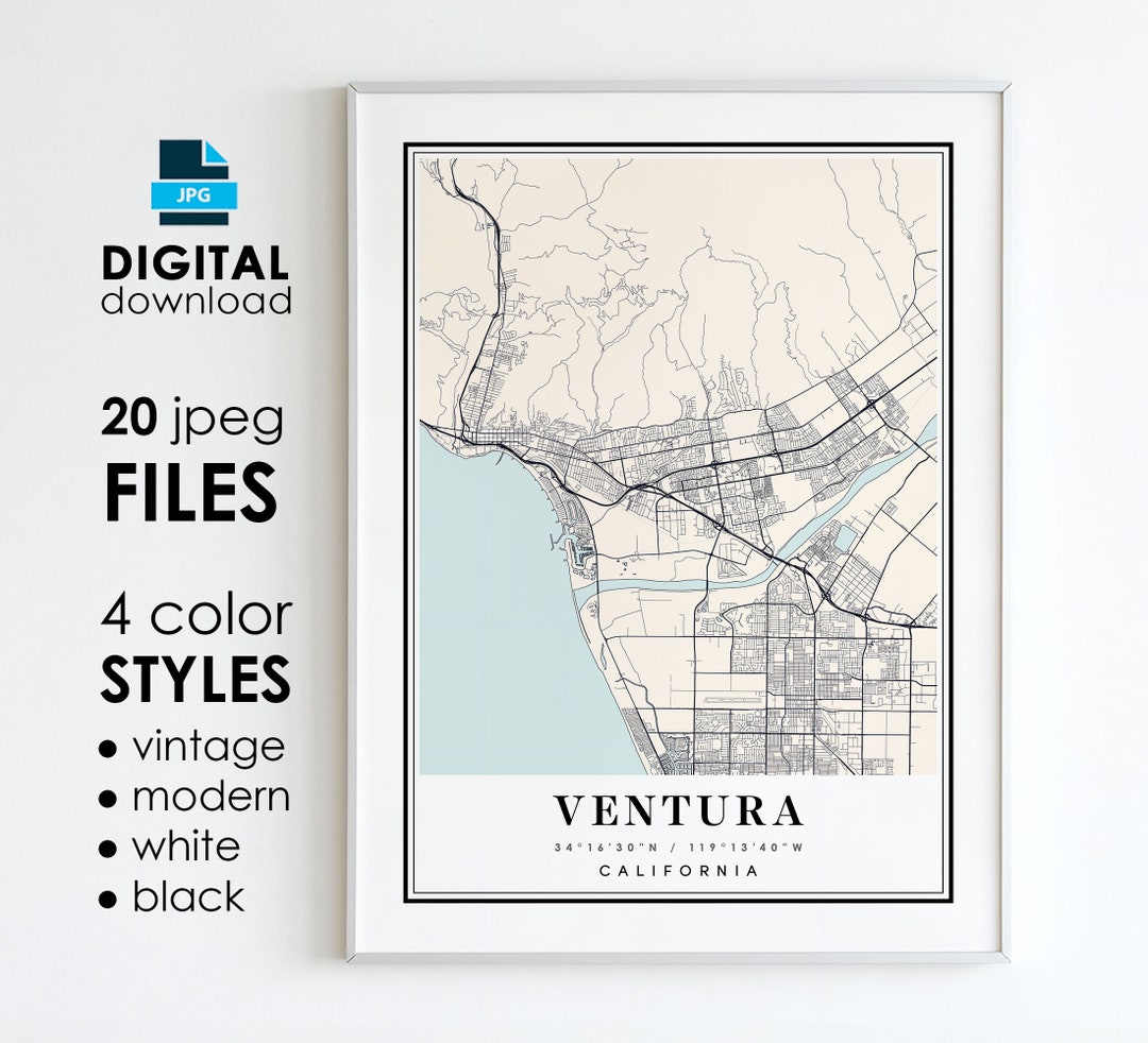 Ventura California Map Art Print: Modern, Vintage, Black, White ...