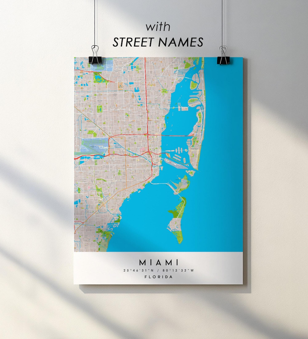 Miami City Map Art Print Poster With Street Names (digital Download) - Etsy
