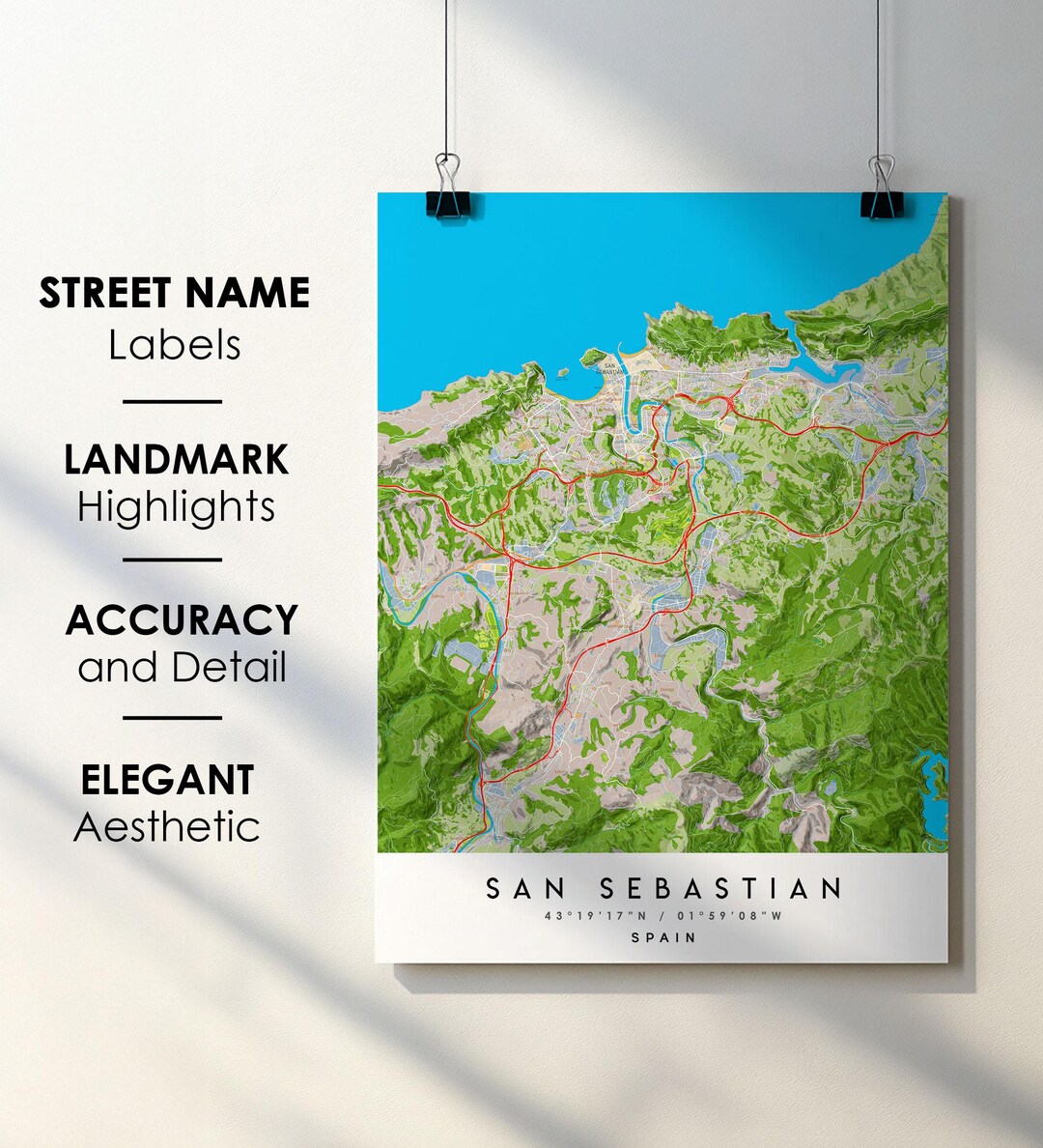 San Sebastian City Map Art Print: Detailed Street Map of Spain (digital ...