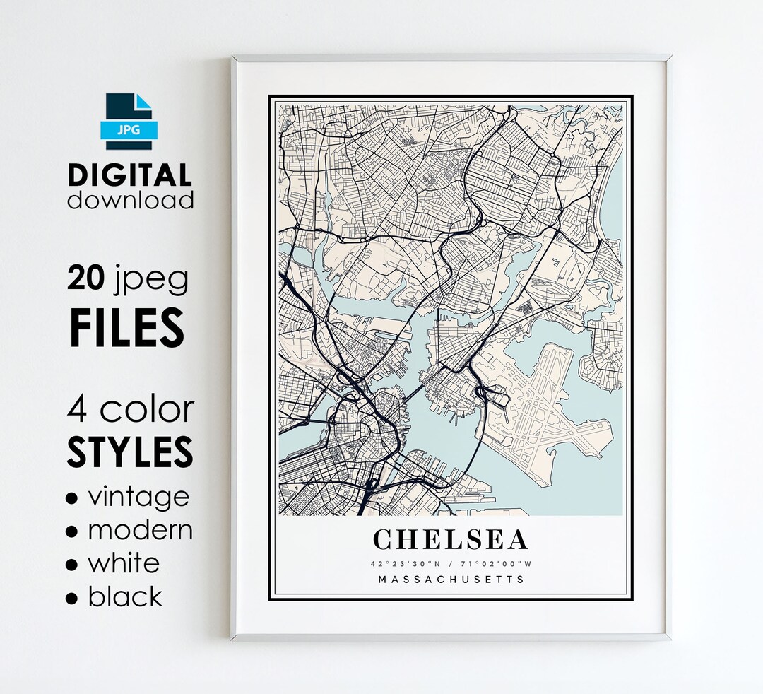 CHELSEA MA Map - Printable Digital Art - Chelsea Massachusetts City ...