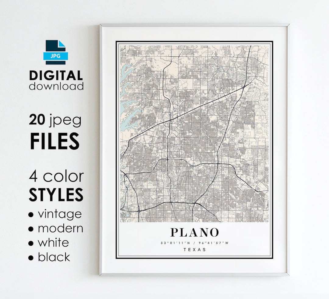 Plano Texas Map Art Print: Modern, Vintage, Black, White (digital ...