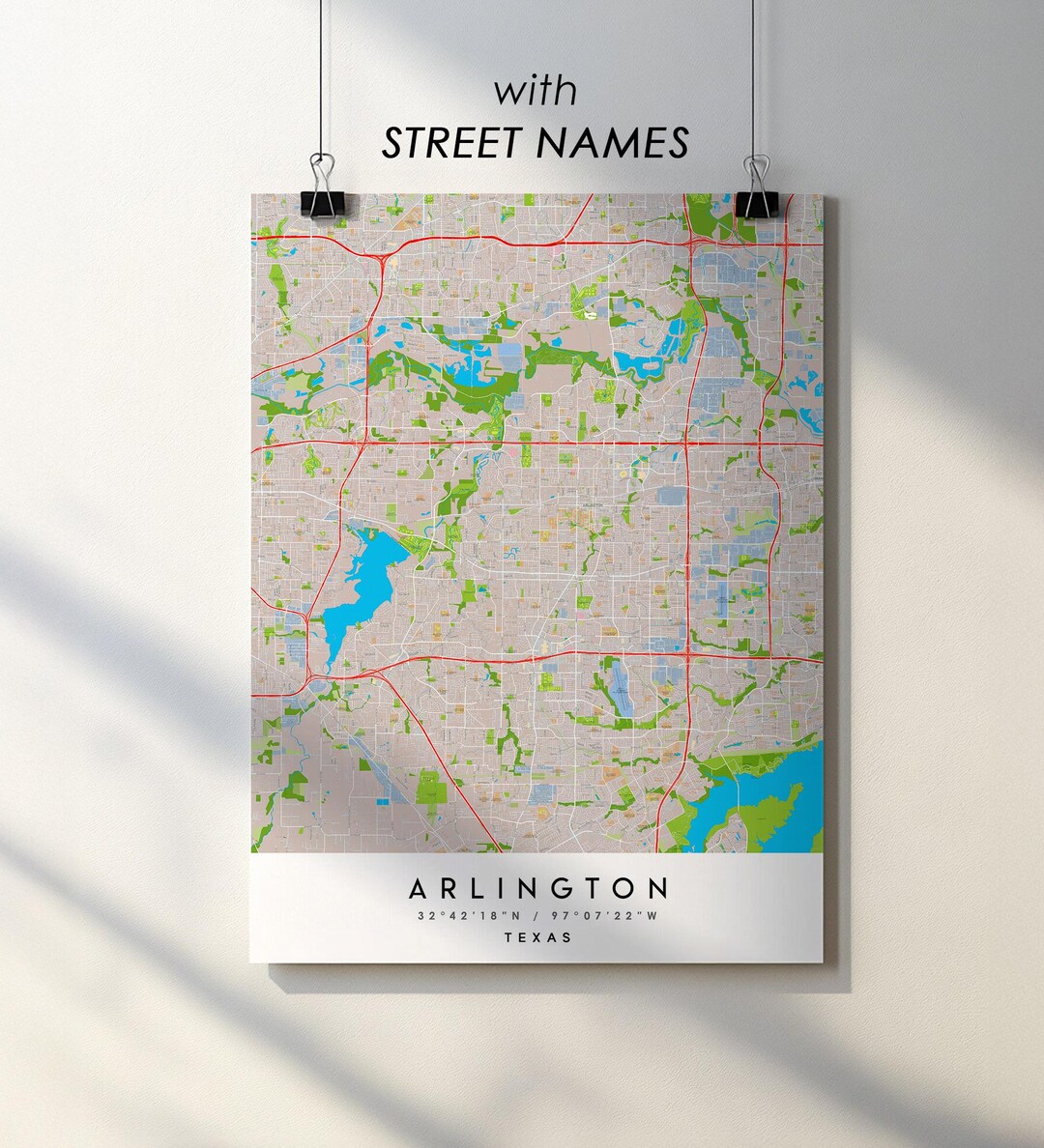 Cartaz com mapa da cidade de Arlington, Texas, com nomes de ruas ...