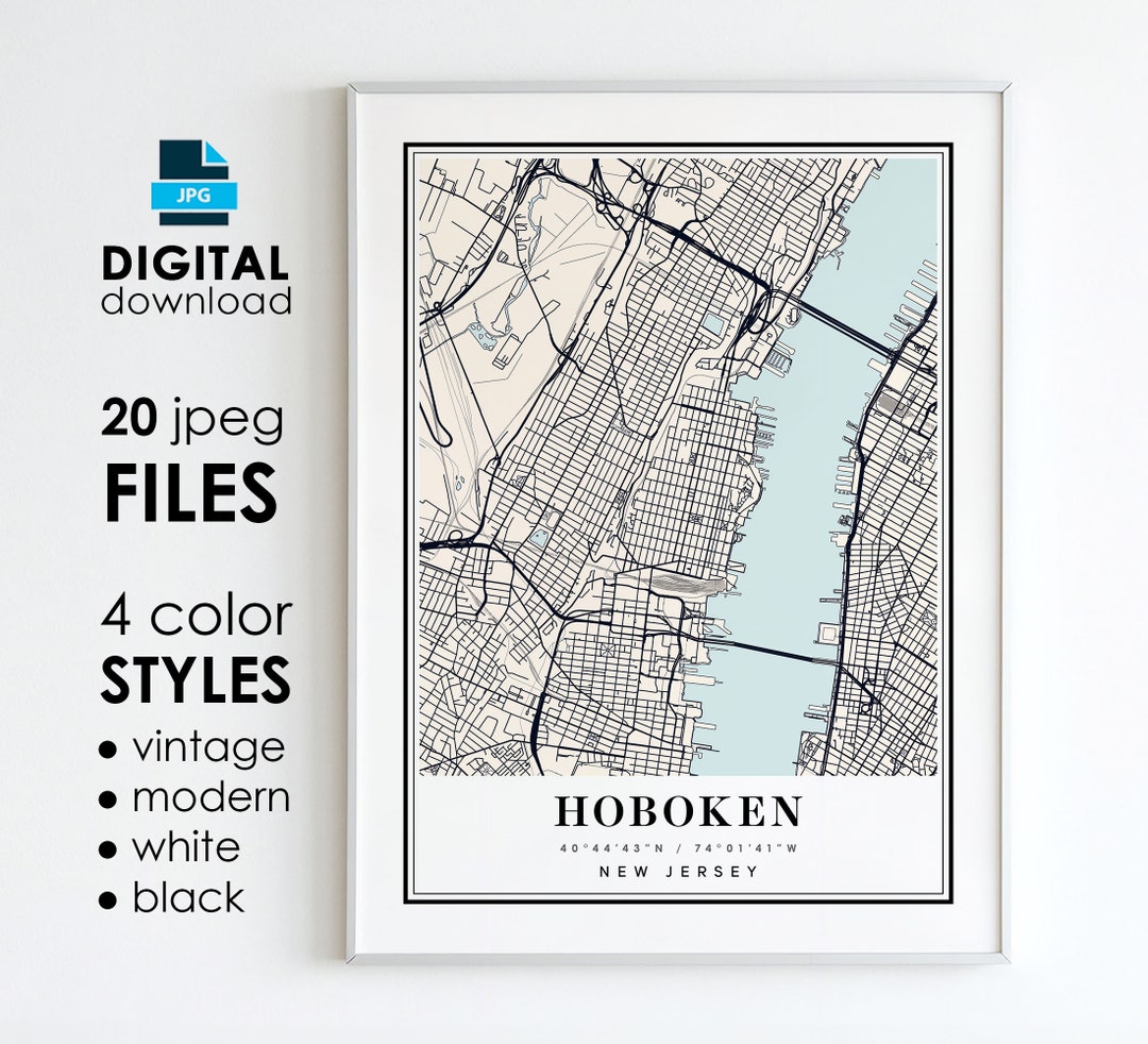 HOBOKEN NJ Map - Printable Digital Art - Hoboken New Jersey City Poster ...