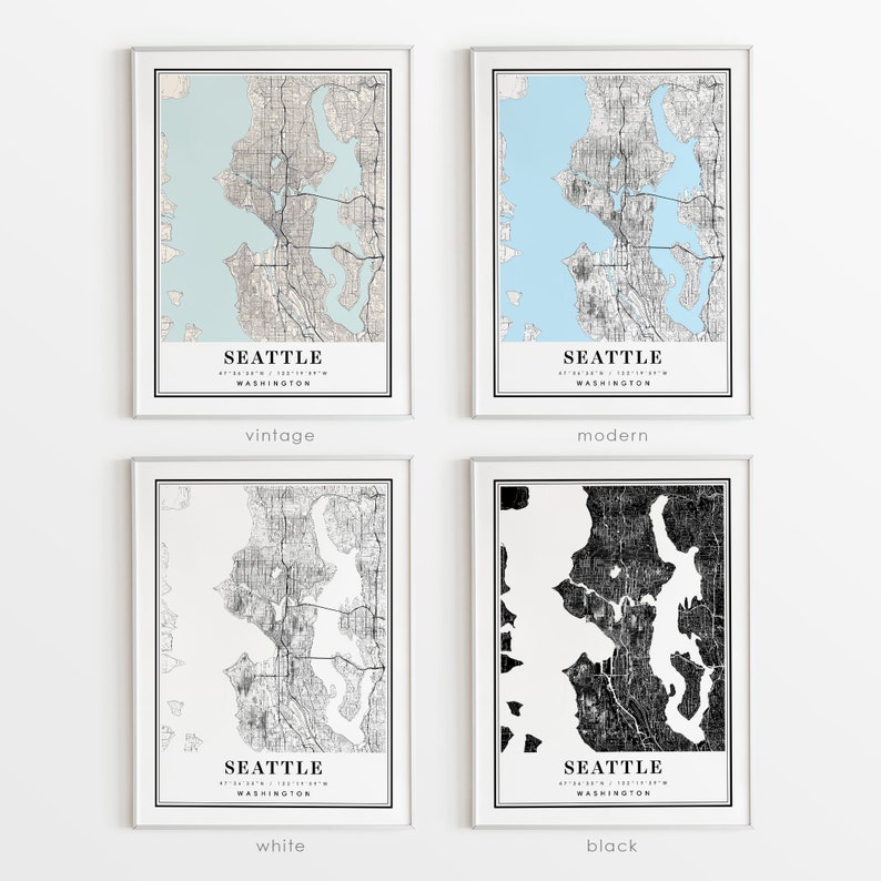 SEATTLE WA Map - Printable Digital Art - Seattle Washington City Poster ...
