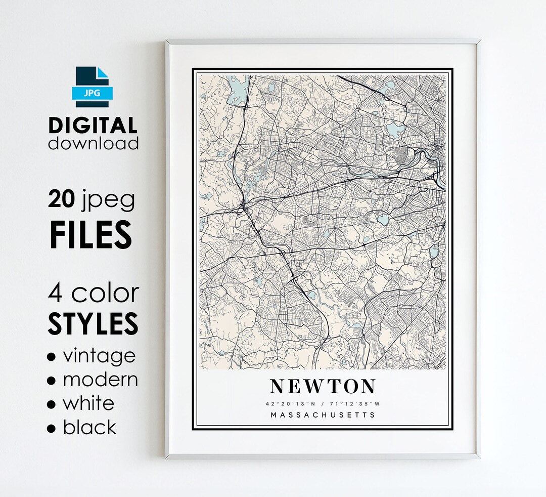 NEWTON MA Map Printable Digital Art Newton Massachusetts City Poster Map Digital Instant ...