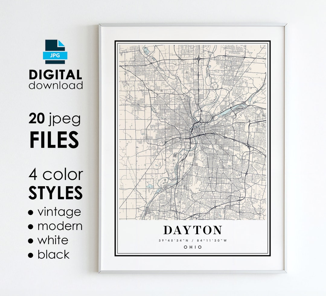 DAYTON OH Map - Printable Digital Art - Dayton Ohio City Poster Map ...
