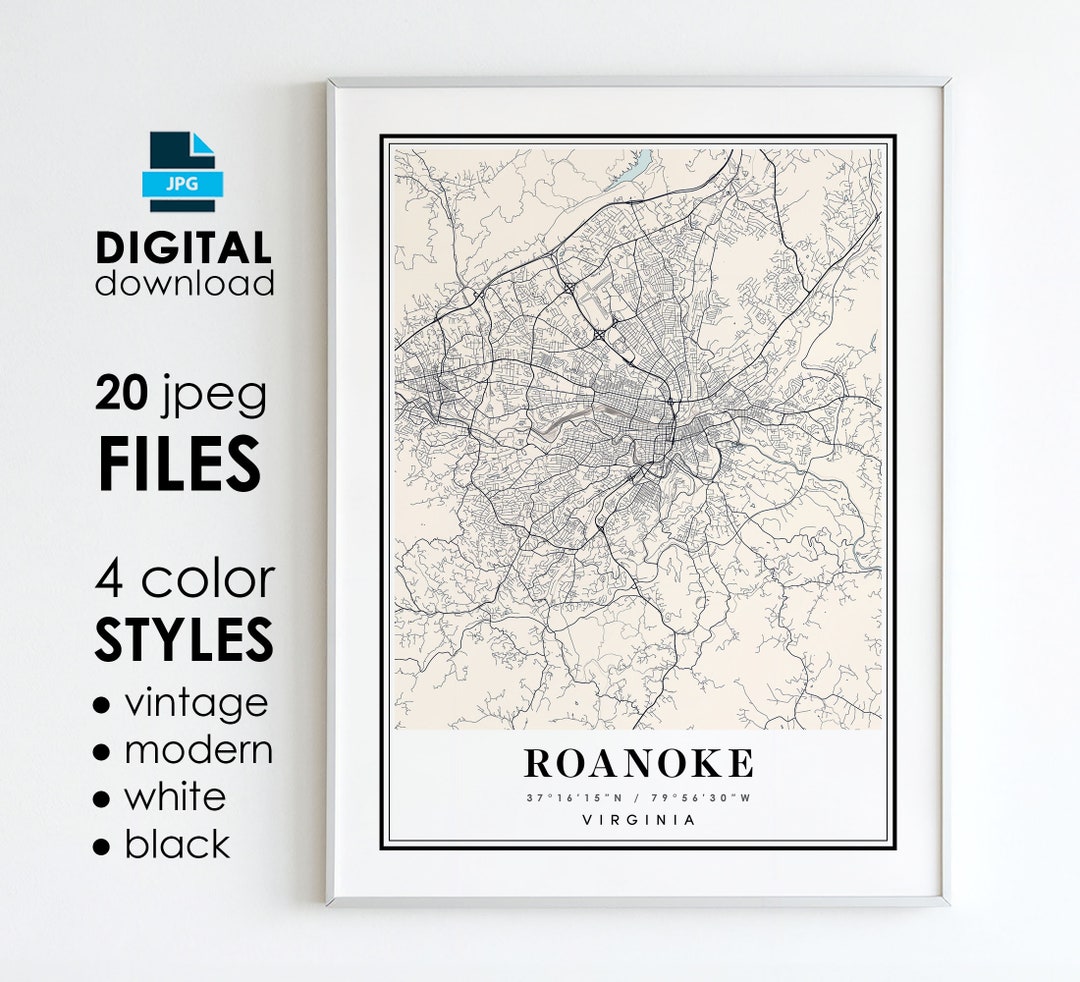 ROANOKE VA Map Printable Digital Art Roanoke Virginia City Poster Map ...