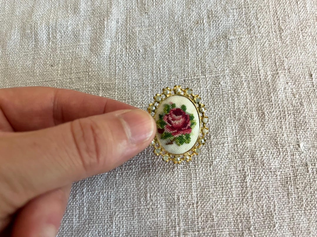 Vintage Petit Point Floral Pink Rose Gold Brooch - Etsy