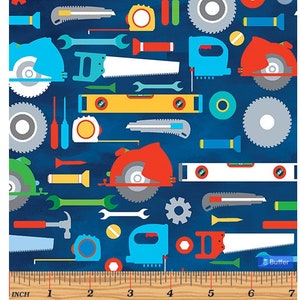 Little Builder Tools on Navy, Designed by Nicole Decamp for Benartex ...