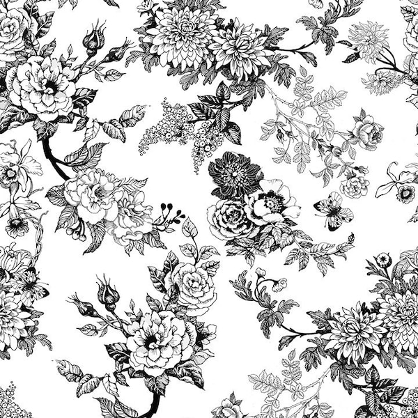 Black and White Toile Floral Fabric - Etsy