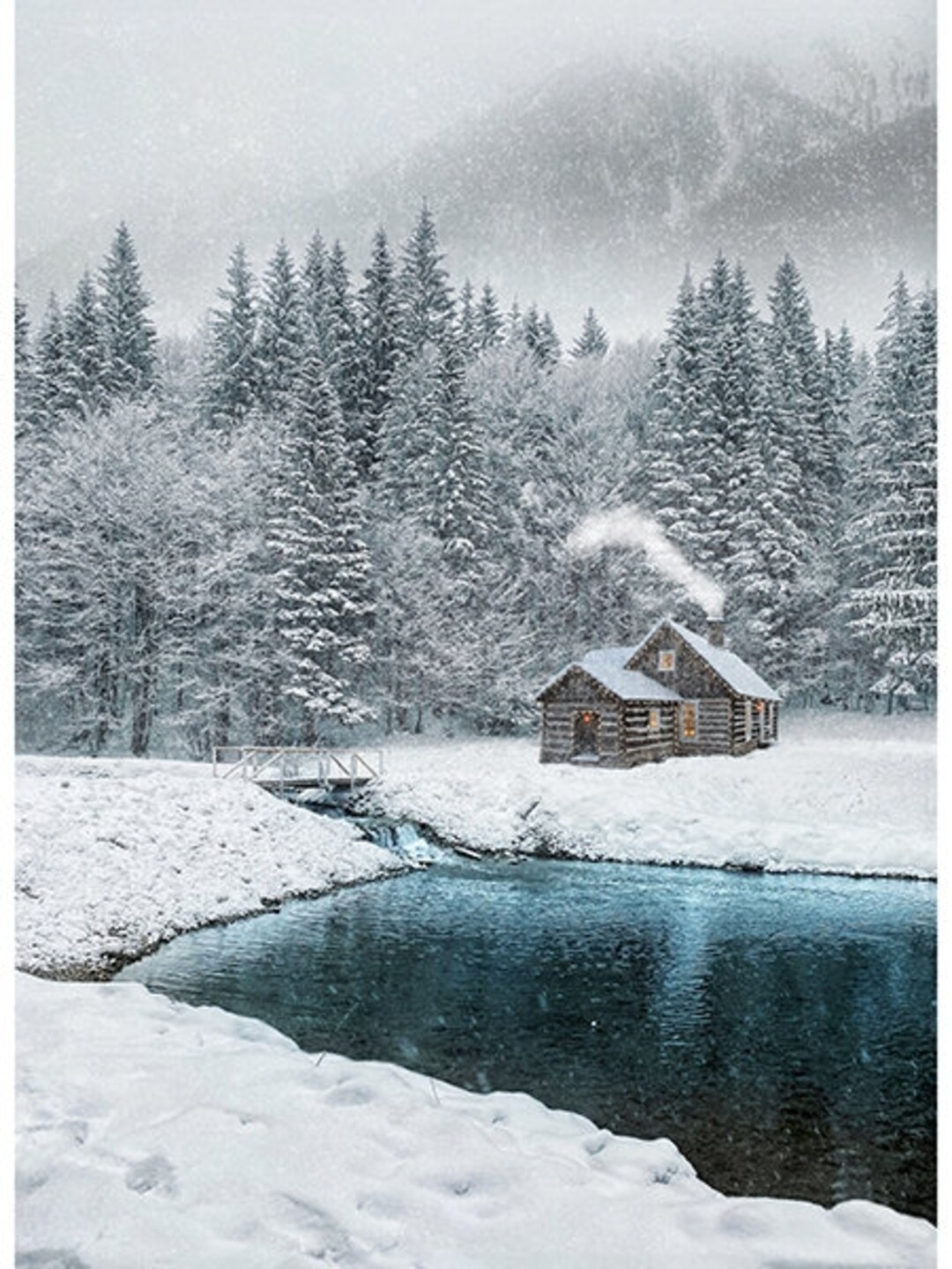 Off the Grid December Winter Scene, Cabin by the Lake 31" Wide X 43 ...