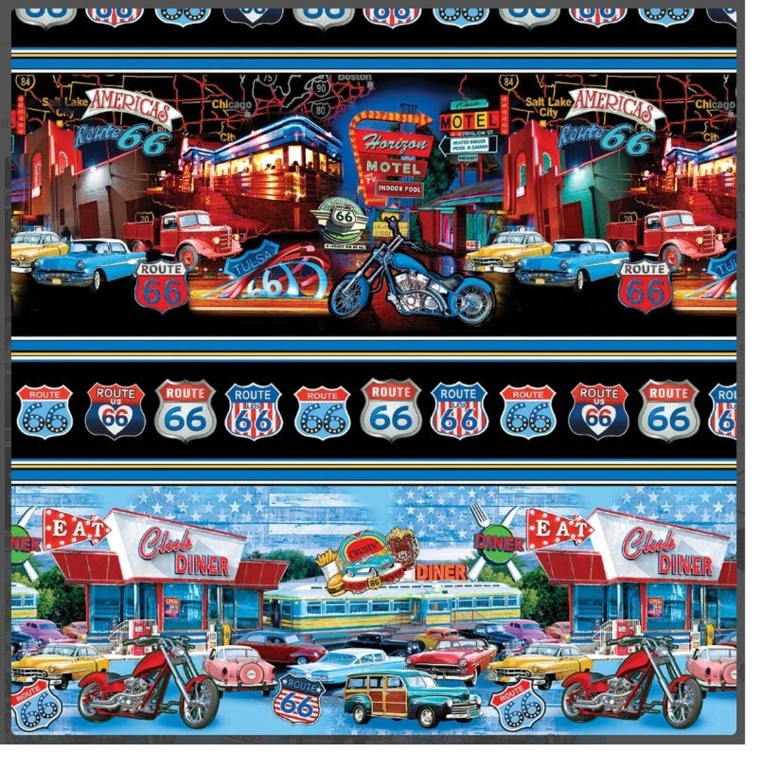 America's Highway Route 66 Stripe/border by KANVAS STUDIO for Benartex ...