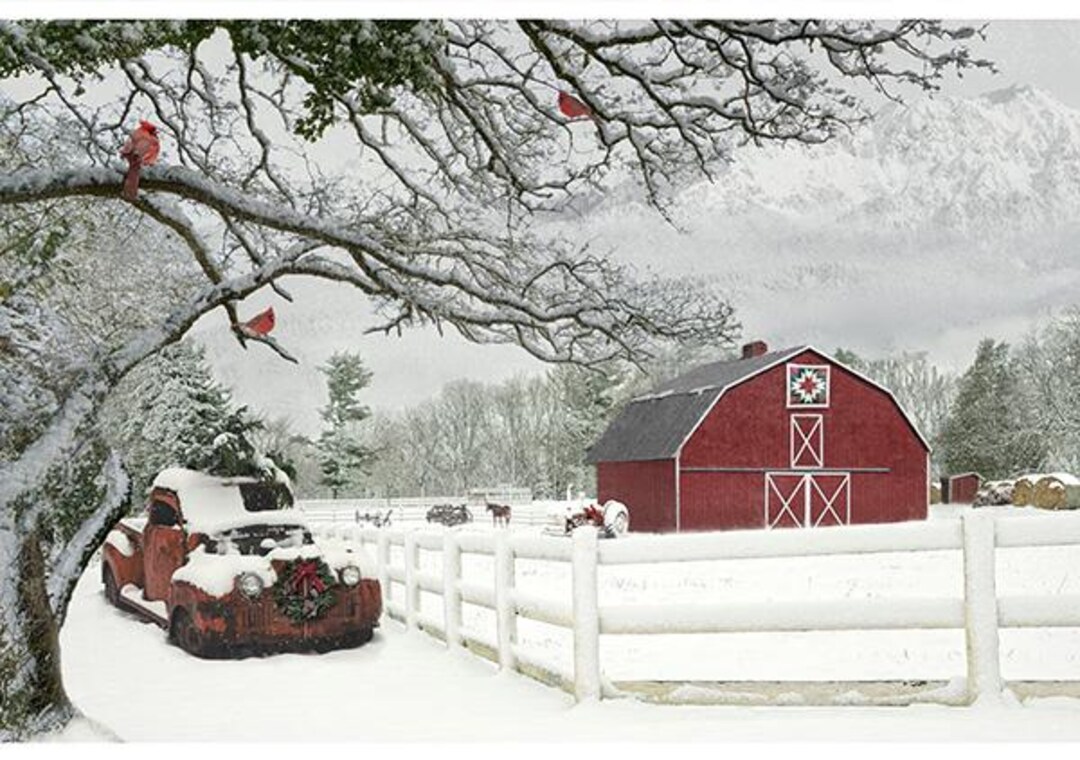 Frosted Holidays December Panel With Red Vintage Red Truck Barn Scene ...