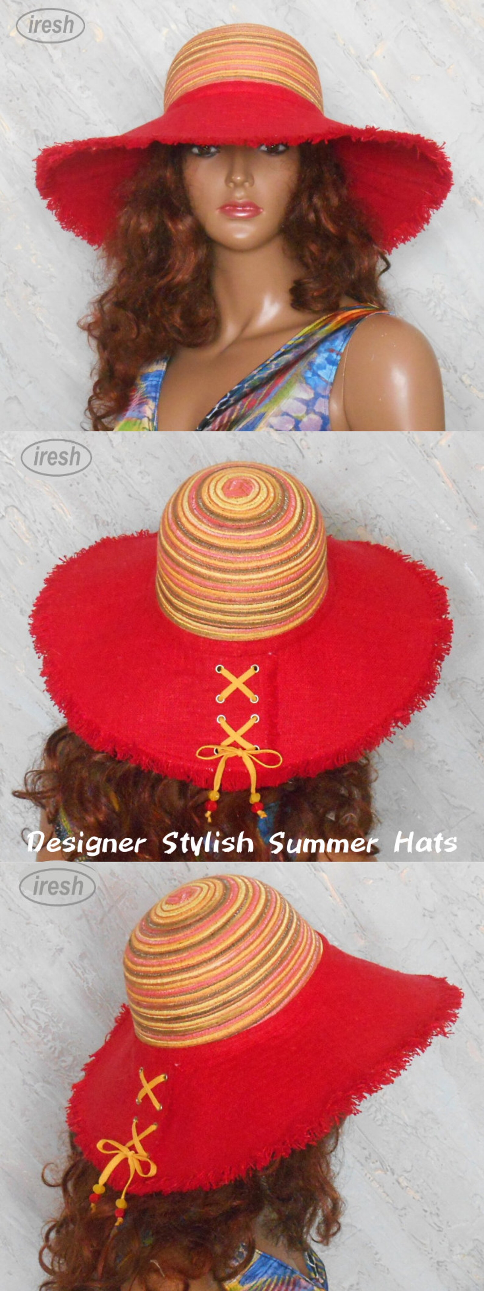 Wide-brim hat Red Linen hat Women's summer hat Yellow | Etsy