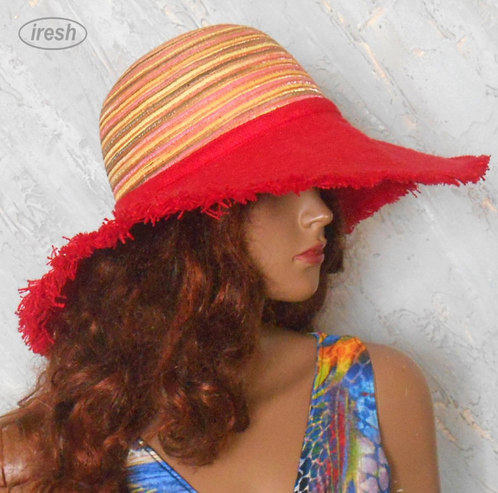 Wide-brim hat Red Linen hat Women's summer hat Yellow | Etsy